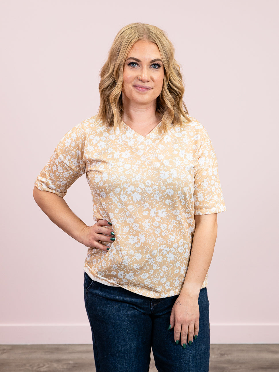 Karrington Floral V-Neck Top | Sand – Lavender & Lace Boutique
